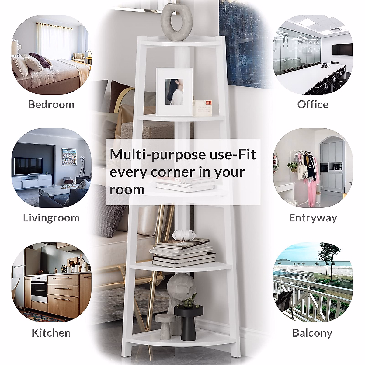 MEETWARM 5 Tier Corner Bookshelf Corner Ladder Shelf Small Bookcase Display Storage Organizer Stand Rack for Living Room Home Office and Kitchen (Coffee)