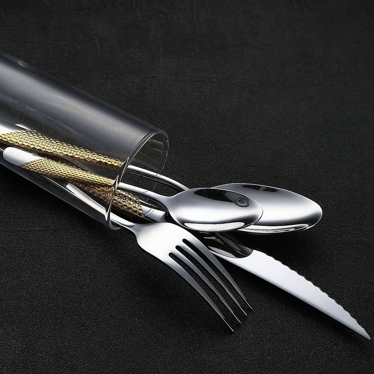 VANDBAO Flatware Cutlery Silverware Set 24 Pieces, Gilding 18/10 Stainless Steel Utensils, Tableware Set Service for 6, Include Knife/Fork/Spoon, Reusable, Mirror Polished, Dishwasher Safe