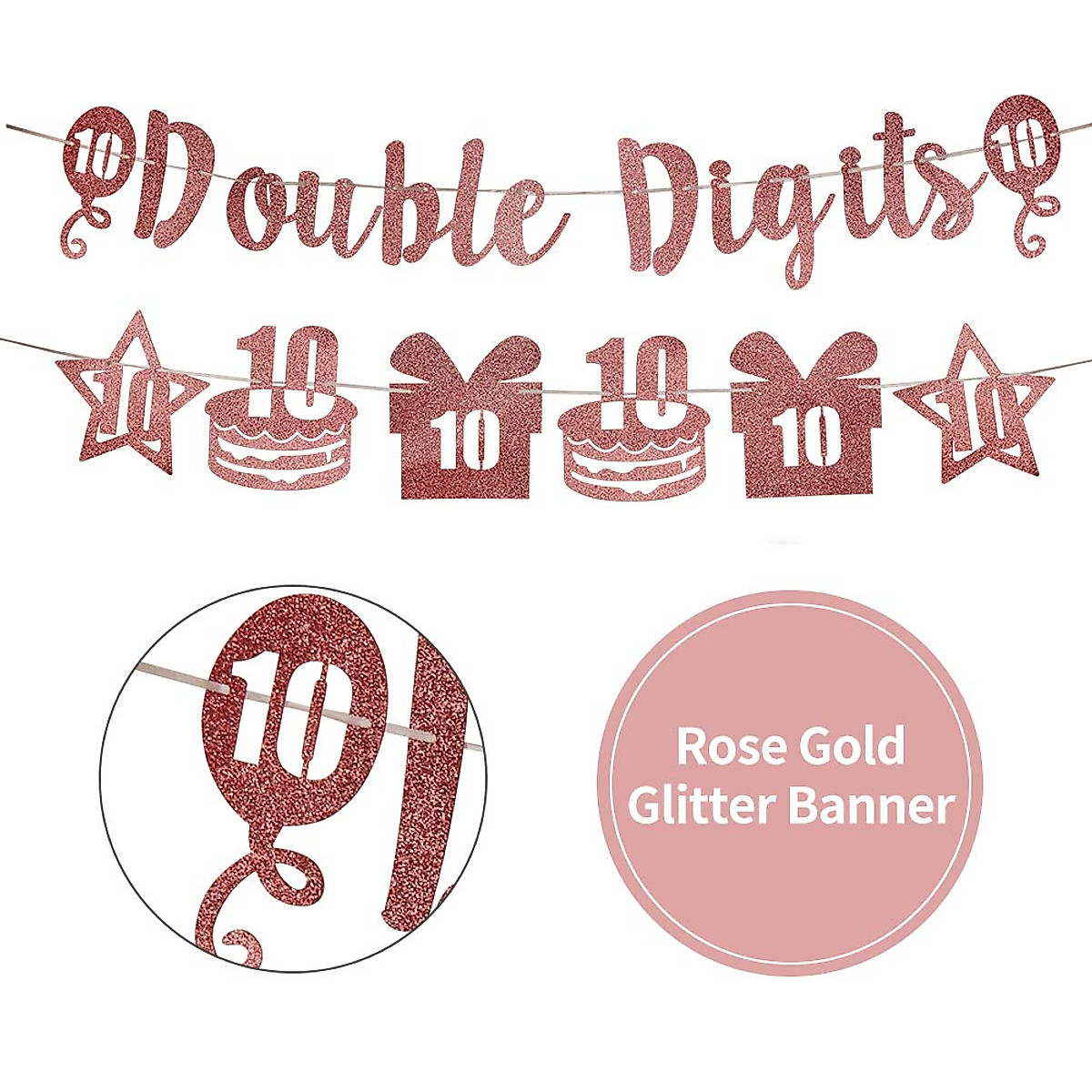 Excelloon Double Digits 10th Birthday Banner Decorations for Girl, Rose Gold Glitter 10 Year Old Happy Birthday Party Supplies, Perfect for Ten Years Birthday Party Decoration Sign