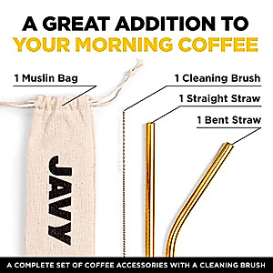 Javy Premium Metal Straws with Silicone Tip, Cleaning Brush & Travel Case, Stainless Steel Straws with Copper Finish, Reusable, Dishwasher Safe, Set of 2
