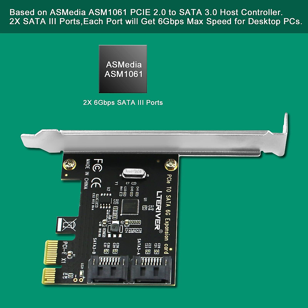 LTERIVER PCIE to 2-Ports Serial ATA/SATA 3.0 Host Controller Card, Plug and Play on Windows OS, MAC OS and Linux Kernel PCs, 2X 6Gbps Max SATA 3.0 None Raid Ports-Support AHCI Boot Up (PCE-G2S2)