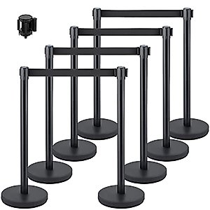 VEVOR Crowd Control Stanchion Set, Stanchion Set with 6.6 ft/2 m Black Retractable Belt, Black Crowd Control Barrier w/Concrete and Metal Base - Easy Connect Assembly (8)