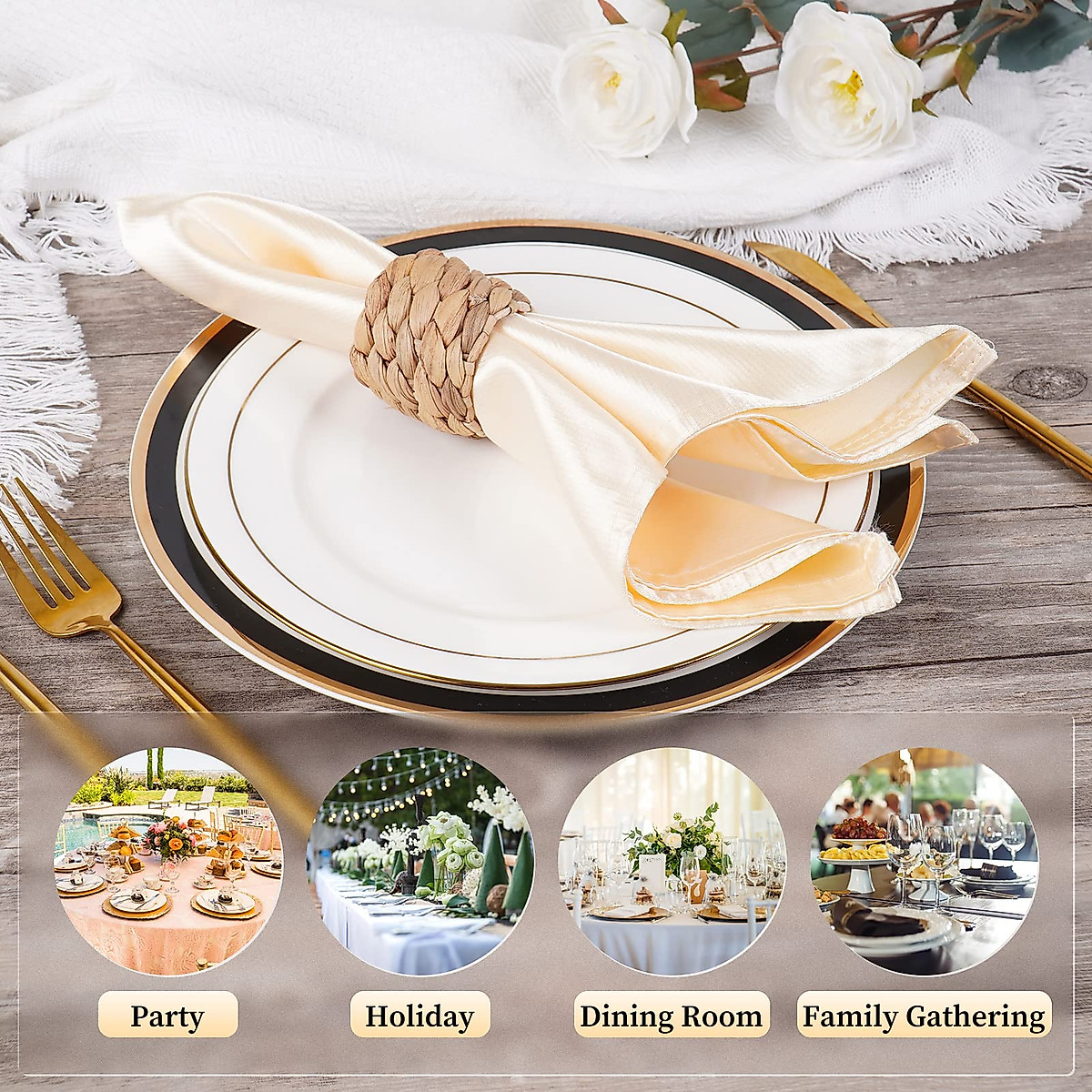 WOHIWO Napkin Rings Set of 12, Farmhouse Napkin Rings Table Decor Handmade by Natural Water Hyacinth, Fall Rustic Napkin Rings for Thanksgiving, Christmas, Wedding Table Dinnerware Decoration Set