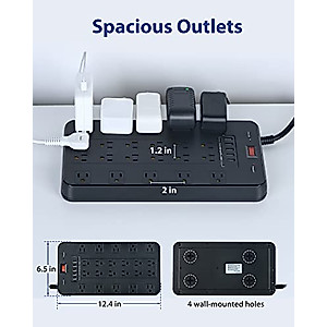 Power Strip Surge Protector, FDTEK Multi Plug Outlet with 22 AC Outlets and 6 USB 1875W/15A 2100 Joules 6.5Ft Flat Plug Extension Cord Heavy Duty Large Power Strip for Home, Office, Dorm, Gaming Room