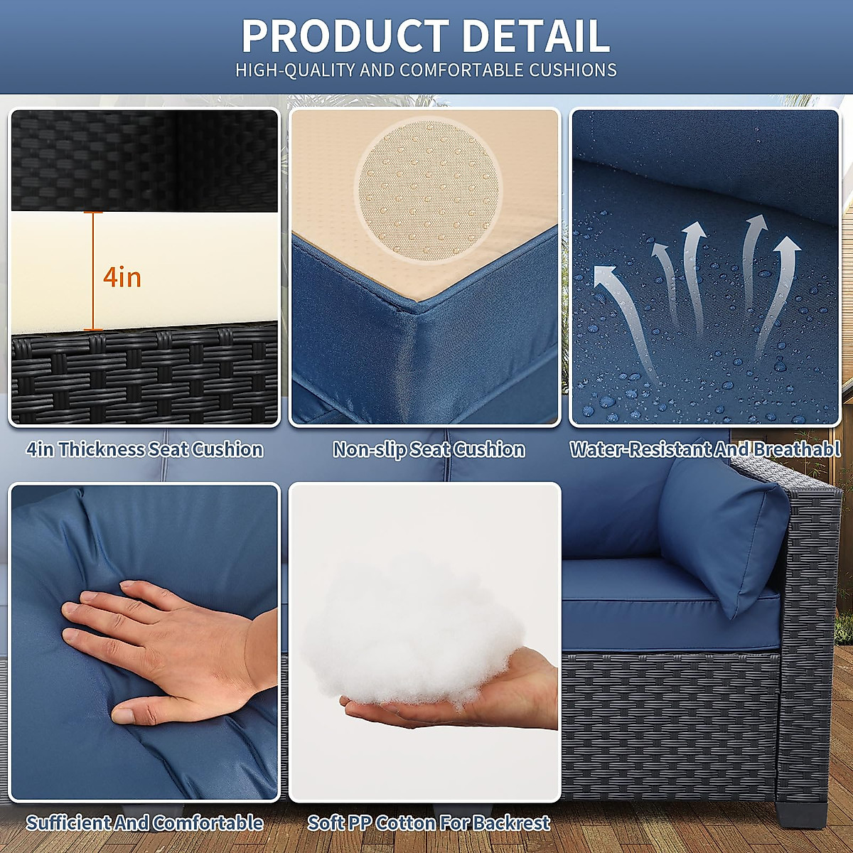 Valita 3-Seat Outdoor Rattan Sofa Patio Couch Black PE Wicker Loveseat Seating Furniture with Washable Navy Blue Cushions