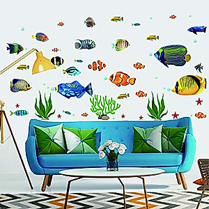 Fish Wall Stickers Under The Sea Decorative Wall Decals Coral Reef Fish Wall Stickers Peel and Stick Starfish Wall Art Sticker Decals for Kids Nursery Bedroom Living Room