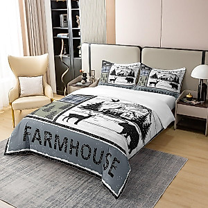 Erosebridal 100% Cotton Farmhouse Deer Comforter Cover King Woodland Bear Moose Elk Bedding Set, Rustic Reindeer Lodge Cabin Vintage Country Pine Trees Blue Checkered Buffalo Plaid Duvet Cover