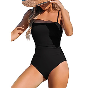 CUPSHE Women's One Piece Swimsuit Square Neck Cutout Back Tummy Control Adjustable Straps Striped Swimwear, L Black