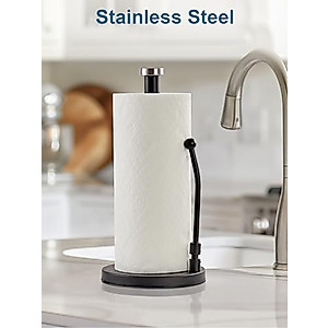 SMARTAKE Paper Towel Holder, Paper Towel Dispenser Standing Weighted Base Non Slip, Spring Arm Fit Most Size Paper Roll, Stainless Steel Paper Towel Holder for Home Kitchen Countertop Tabletop, Black