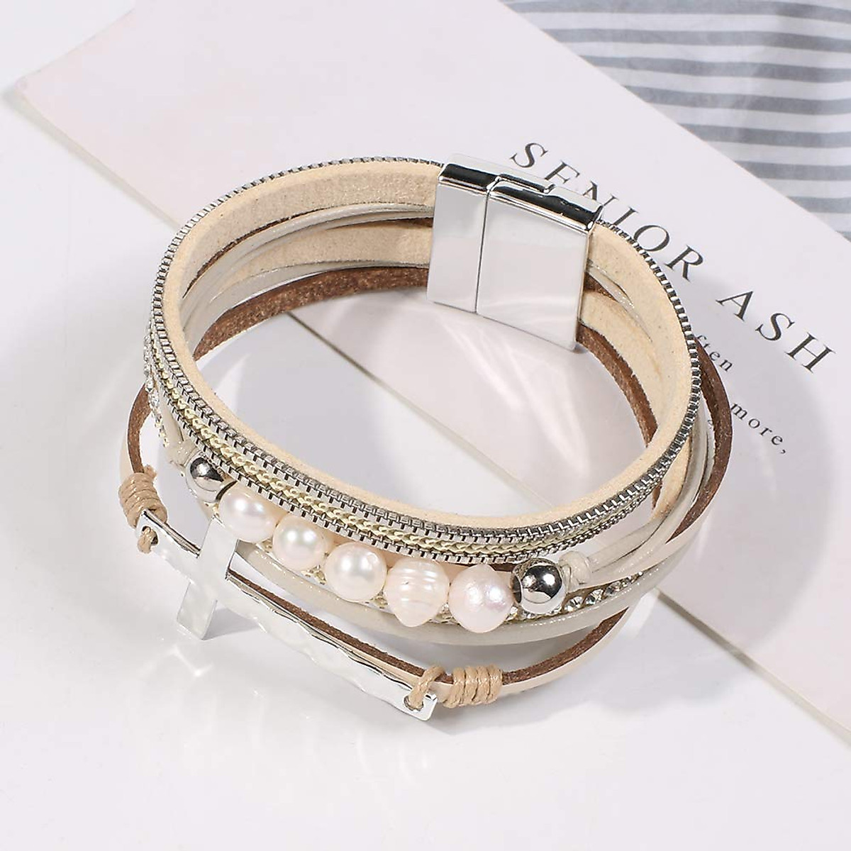 Vercret Leather Wrap Bracelet for Women - Multi-Layer Bracelets with Pearl Cross Beige Magnetic Clasp Bangle Cuff Stacked Bracelet for lady and Mother