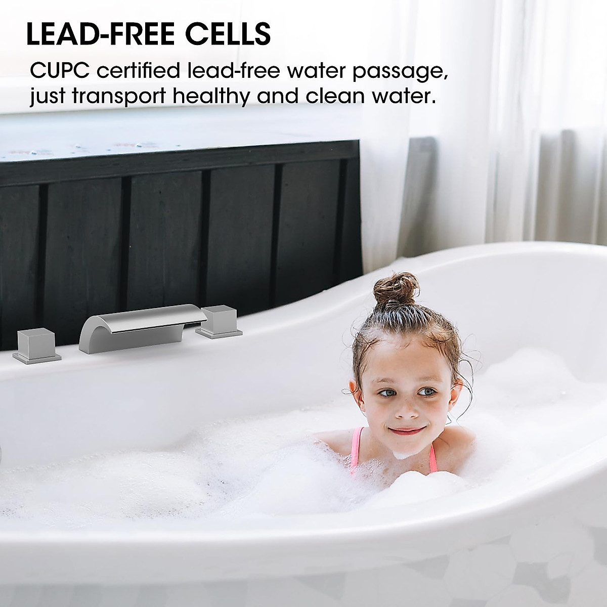 Deck Mount Roman Tub Faucet Set, Waterfall High Flow Brushed Nickel Bathtub Faucets, 12-15.7in Widespread, Deck Mount Tub Faucet with Valve, Brass 3 Holes Bath Tub Faucet Set, with 2 Handle