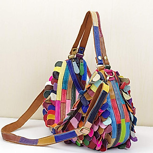 Segater® Women’s Full Sheepskin Tobo Bag Multicolour Patchwork Shoulder Bag 3D Leaf Stripe Pattern Colorful Tassel Handbag Purses Multicoloured