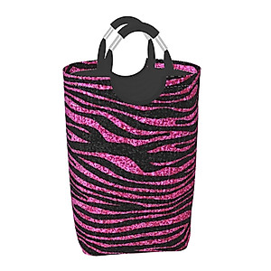 Large Laundry Hamper, Pink and Black Zebra Print Bling Faux Glitter Laundry Basket Collapsible & Waterproof Storage Basket for College Dorm, Family Essentials