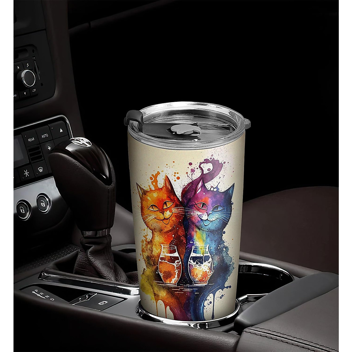 20oz Colorful Painting Cat Tumbler, Gifts for Cat Lovers, Coffee Thermos for Women, Men, Stainless Steel Double Wall Vacuum Insulated Coffee Mug, Travel Cup with Lid