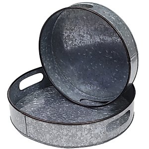 Set of 2 Countertop Galvanized Fruit Tray Baskets,Organizer Crates for Kitchen,Bathroom,Pantry,for Fruit,Vegetables,Produce,Bread and General Storage Space |Decorative Rustic Natural (12"+10" Dia)