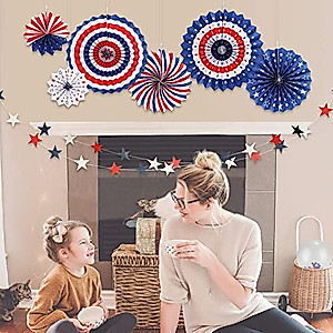 4th of July Party Decorations, Star Streamer, Independence Day American Flag Hanging Paper Fans, Foil Fringe Curtain, Pompoms Flowers Balloons for Patriotic Party Decorations Set