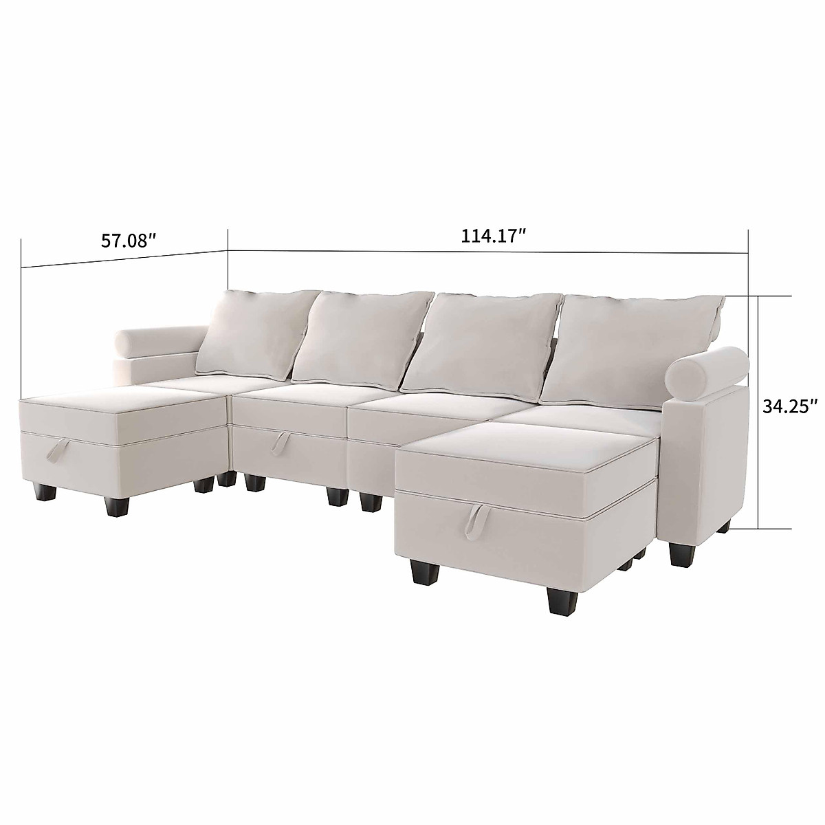 Tbfit Modular Sectional Sofa with Storage Ottoman, Convertible Oversized U Shaped Couch with Reversible Chaises, Sleeper Sofa with Adjustable Arm for Living Room, Beige