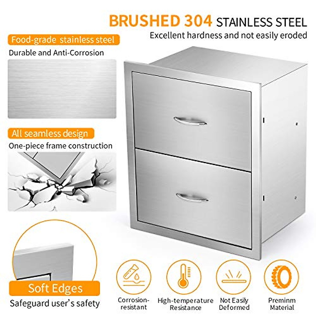 Outdoor Barbecue Drawers, Stainless Steel Kitchen Drawers with Handles, 2-Layer Design, Built-in Storage cabinets for Restaurant or Home use,BBQ Island,Terrace Barbecue Station (18W x 20.6H x 12.7D)