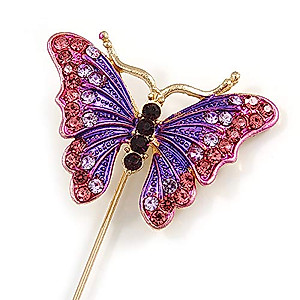 Gold Tone Pink/Purple Enamel Crystal Butterfly Lapel, Hat, Suit, Tuxedo, Collar, Scarf, Coat Stick Brooch Pin - 63mm Long