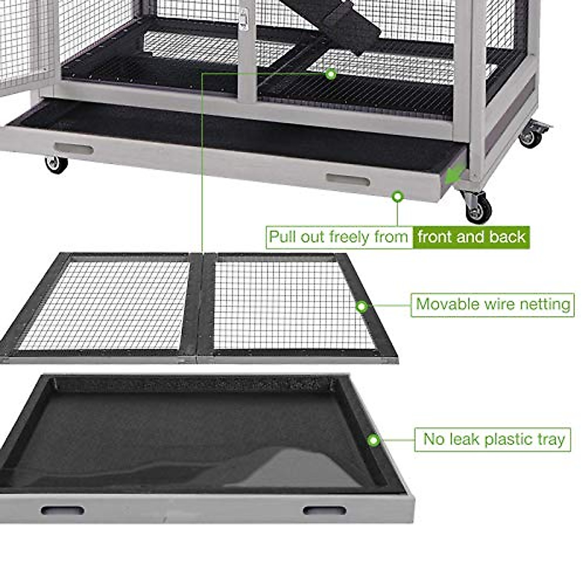 Rabbit Hutch Indoor Rabbit Cage for Small Animals Outdoor Bunny Cage with Movable Wire Netting, Guinea Pig Habitat On Wheels,Pull Out Leak Proof Tray (Grey+Camel)