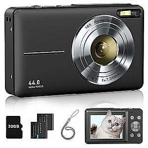 Digital Camera, FHD 1080P Kids Camera with 32GB Card, 2 Batteries, Lanyard, 16X Zoom Anti Shake, 44MP Compact Portable Small Point and Shoot Cameras Gift for Kid Student Children Teens Girl Boy(Black)