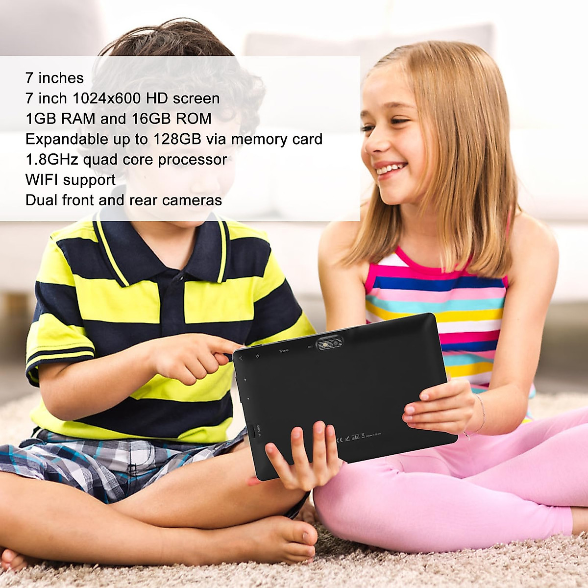 Kids Tablet 7 inch for Android, 1GB RAM 16GB ROM, Eye Protection Screen, WiFi, BT, Dual Camera, Parental Control Tablet with Silicone Case (US Plug)