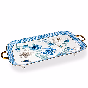 ACMLIFE Tea Serving Tray Set, 21 inches Bone China Tray Tea Tray with Handles, Blue Fine Ceramic Decorative Serving Tray Platter with Golden Rim for Tea Sets, Living Room, Gift (Light Blue)