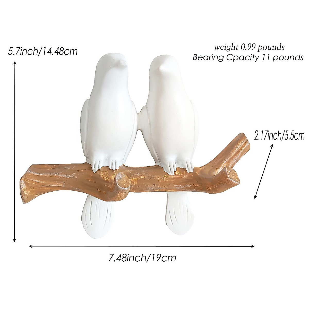 HaakLux Bird Hat Hook,Wall Hanger Decor Hooks,Mounted Resin Cast Ceramic,Tree Branch with Unique Hanging White Dove for Coat Towel Key Clothes in Bathroom Kitchen Bedroom Living Room(2 Birds)