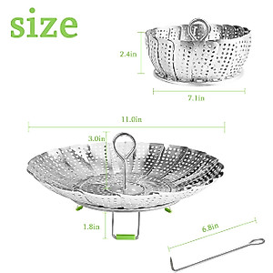 Steamer Basket Stainless Steel Vegetable Basket Metal Handle Folding Silicone Feet Steamer Insert for Cooking Veggies Fish Seafood Include Safety Tool,Fit Various Pot Pressure Cooker (7" to 11")