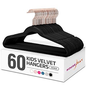 House Day Velvet Kids Hangers 60 Pack, Premium Childrens Hangers for Closet, Ultra Thin Cute Hangers Kids Clothes Hanger, Non Slip Kids Felt Hangers 14 Inch, Small Hangers for Kids Clothes, Black