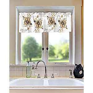 Kitchen Cafe Valance Curtain for Small Windows,Abstract Gold Flower with Leaves Rod Pocket Short Blackout Curtains,Floral and Life Quote on White Window Treatment for Living Room Bedroom Bathroom