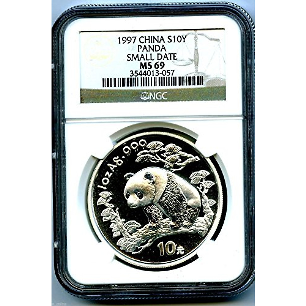 1997 China 1 OZ Silver Panda SMALL DATE 10 YN .999 Fine S10Y Chinese MS69 NGC