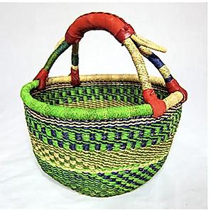 Deluxe Round Colorful African Basket - Medium 14" Round - by market women in Bolgatanga, Ghana with Africa Heartwood Project - GBMRC (Flat-packed)