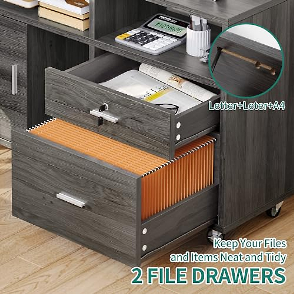 YITAHOME Wood Lateral File Cabinet, 2 Drawer Mobile Storage Cabinet, Fits A4, Letter and Legal, Printer Stand with Open Storage Shelves, Modern Filing Cabinet for Home Office, Grey