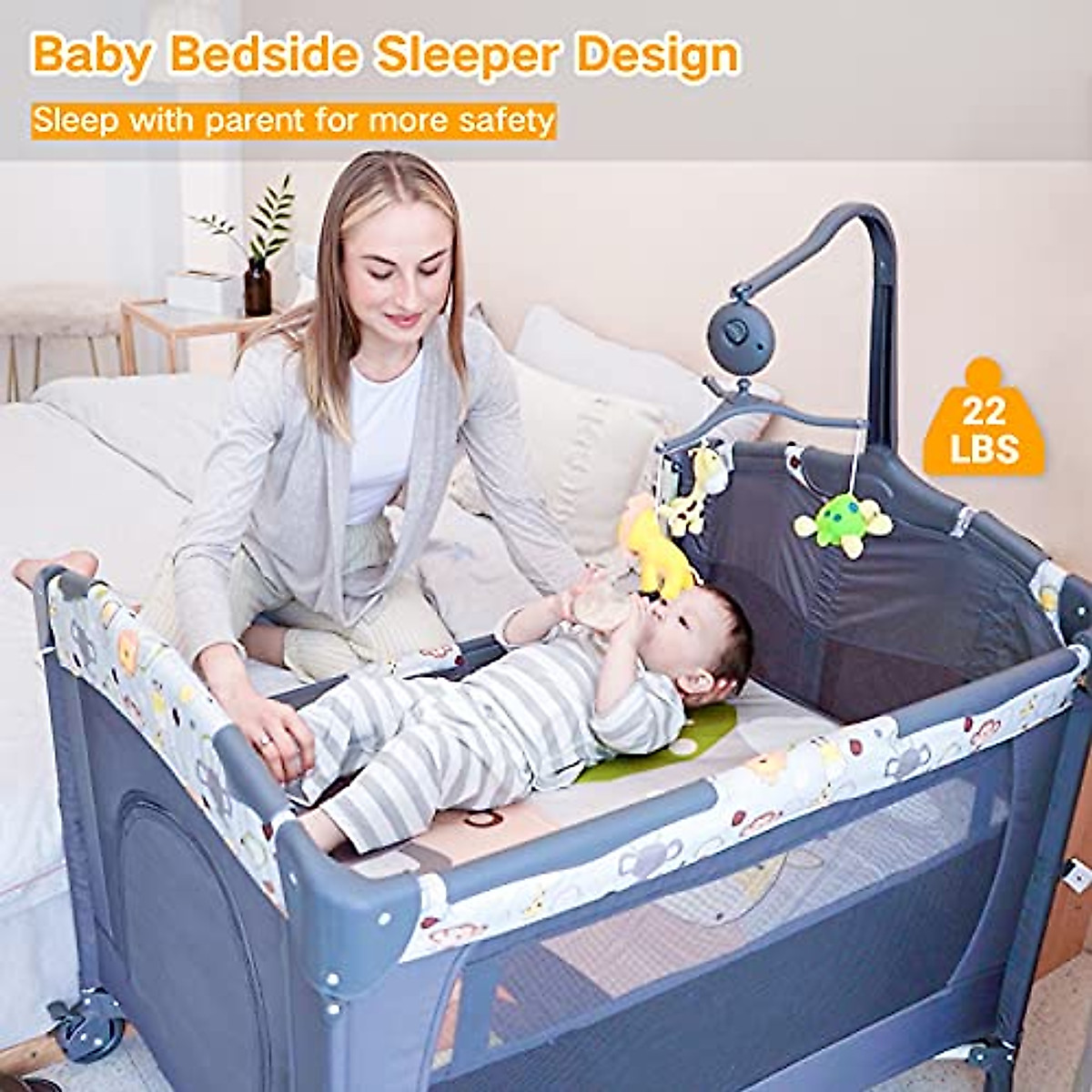 SKIH 5 in 1 baby bedside Sleeper, Bassinet with Toys & Music Box, Mattress, Foldable Playard, Portable Travel crib for Girl Boy Infant Newborn (Grey)