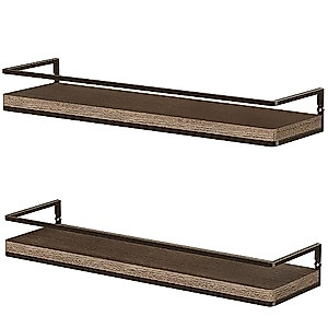Meangood Floating Shelves Wall Mounted Set of 2, Rustic Wood Wall Storage Shelves for Bedroom,Living room,Bathroom, Kitchen Brown