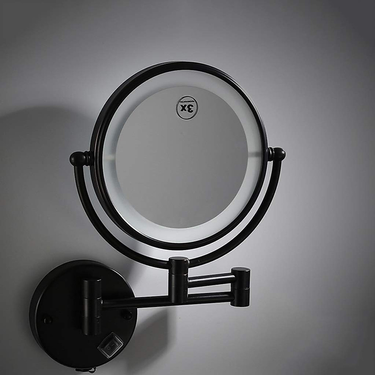 KONGZIR Cosmetic Vanity Mirror Black 8-inch LED Makeup Mirror USB Charging with Light Telescopic Mirror 3X Magnification Wall-Mounted Wall Mirror Bathroom
