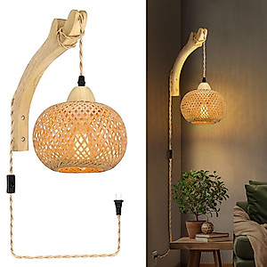 Plug in Wall Sconce, Bamboo Rattan Wall Sconce Decor, Farmhouse Wall Sconce Plug In, Wicker Wall Lamp with Plug in Cord, Hand Woven Boho Sconces Wall Light for Bedroom Living Room