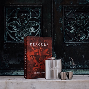 Funderstood Dracula Holy Water Hidden Barware Book Safe, Gothic Secret Liquor Flask with Two Stainless Steel Shot Glasses, Gothic Gift Set, Goth Decor - 2.25” X 6.125” X 9.5”
