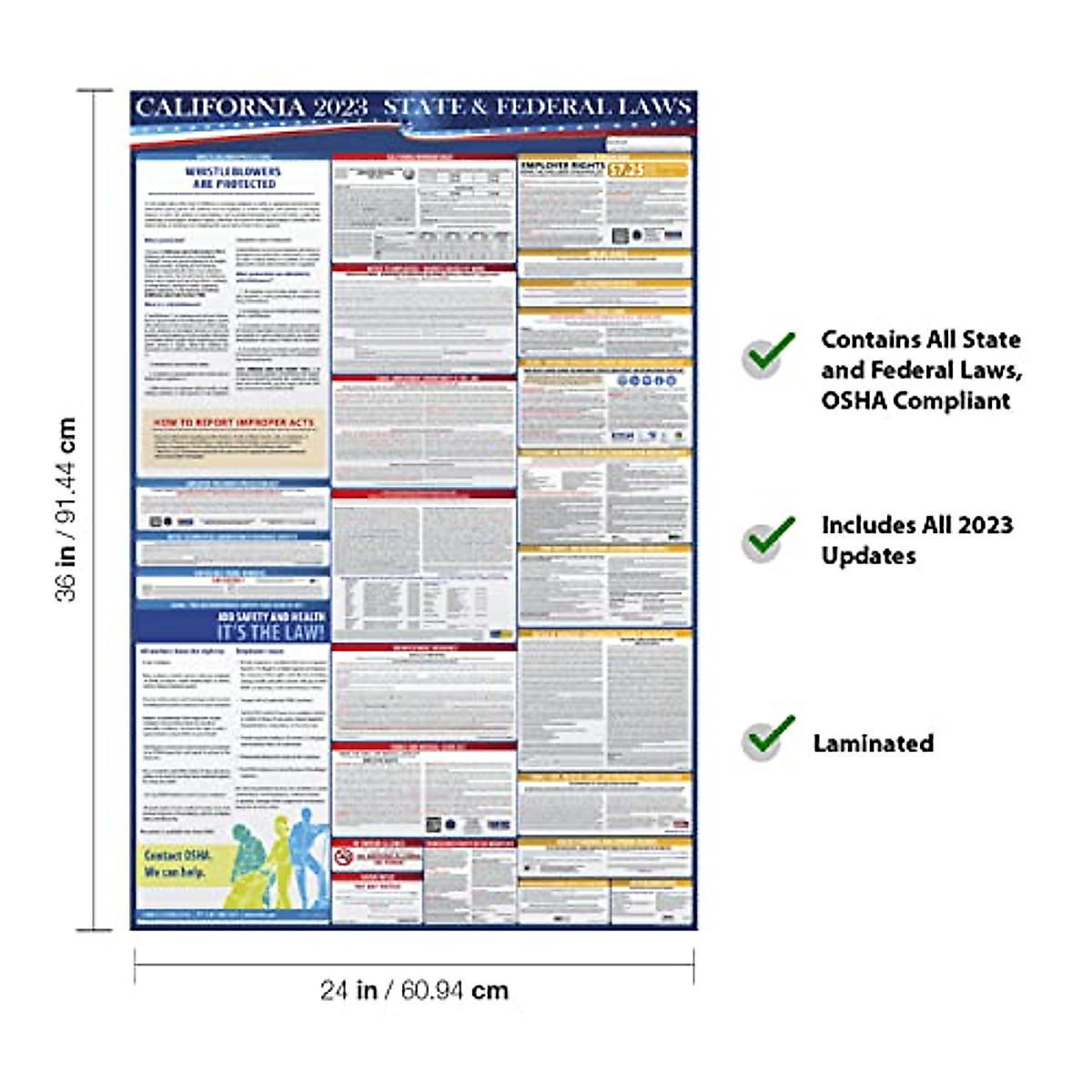 2023 California State and Federal Labor Laws Poster - OSHA Workplace Compliant 24" x 36" - All in One Required Posting - Laminated (English)