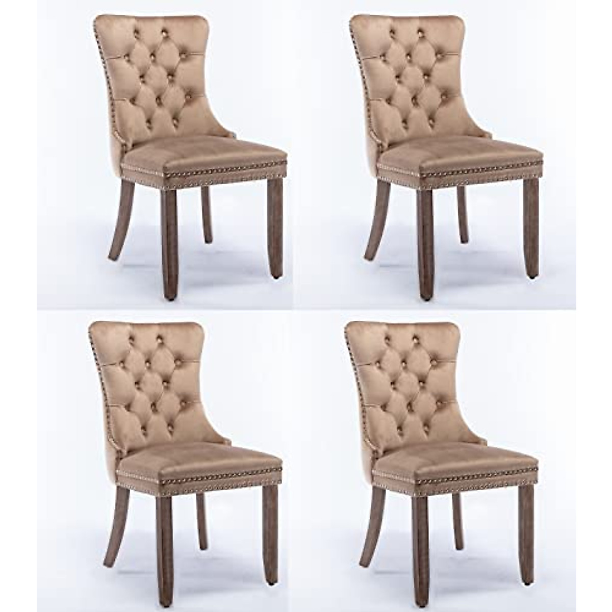 Danxee High-end Velvet Dining Room Chairs Upholstered Elegant Tufted Chair with Luxurious Button Nailed Trim Ring Pull Armless Accent Chair (Khaki, Set of 4)