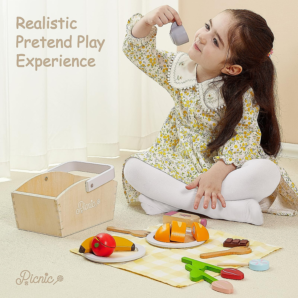 Pillowhale Wooden Picnic Basket Playset Toy,Pretend Play Food Sharing Playset with Cutting Fruits, Kids Imagination Play for Girls Boys Toddlers 3 Years Old and Up