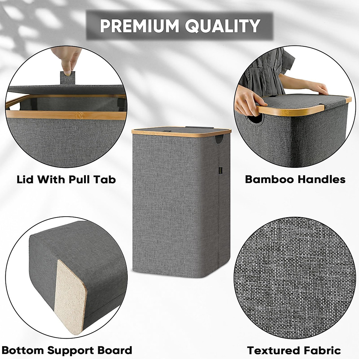 BALEINE Laundry Hamper with Lid, Tall Laundry Baskets with Bamboo Pull Handles, Large Laundry Bin with Internal Support (26 Gal/100L, Beige)