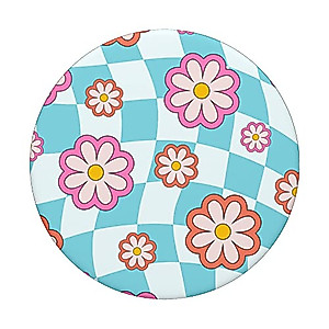Retro Groovy Flower Hippie Daisy 60s Turquoise Checker PopSockets Swappable PopGrip