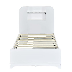 Brisca Twin Size Storage Platform Bed Frame with Two Drawers and Light Strip,Headboard W/ 3 Storage Shelves,for Bedroom,Apartment,Guest Room,White