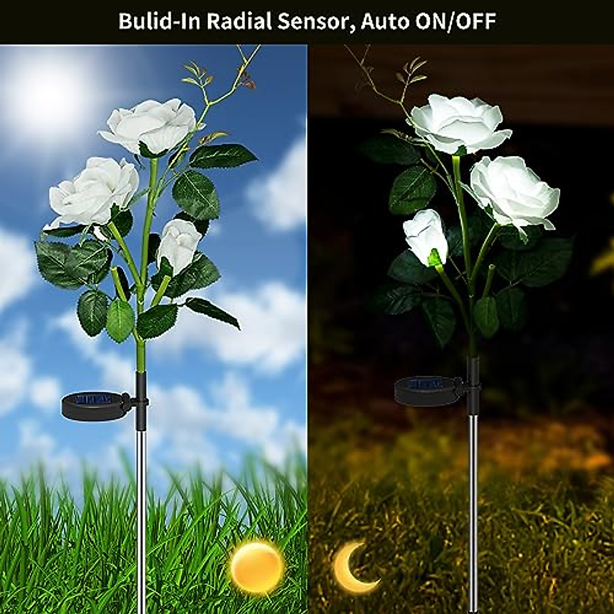 Solar Flowers Lights Outdoor Garden Decor 2 Pack, Waterproof White Rose for Grave Yard Patio Flower Bed Path Cemetery Decorotions Outside, Valentines/Mothers Day Birthday Gifts for Mom Women Grandma