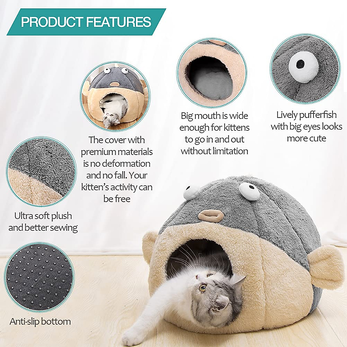 Cat Beds for Indoor Cats - Cat Bed Cave with Removable Washable Cushioned Pillow, Soft Plush Premium Cotton No Deformation Pet Bed, Lively Pufferfish Cat House Design, Grey, Multiple Sizes(M)