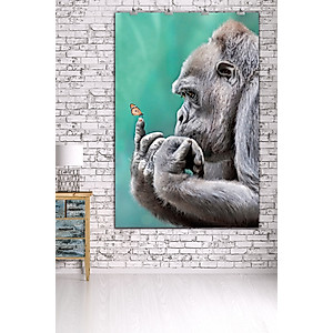 Gorilla Inspecting Butterfly on Finger (36x54 Giclee Gallery Art Print, Vivid Textured Wall Decor)
