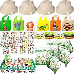 103 Pcs Safari Animal Kids Zoo Themed Party Supplies Favor Bulk Included Pith Hat Jungle Animal Plastic Tablecloth Tote Bags Silicone Bracelet Animal Stickers Mini Animal Figurines for Kids Birthday