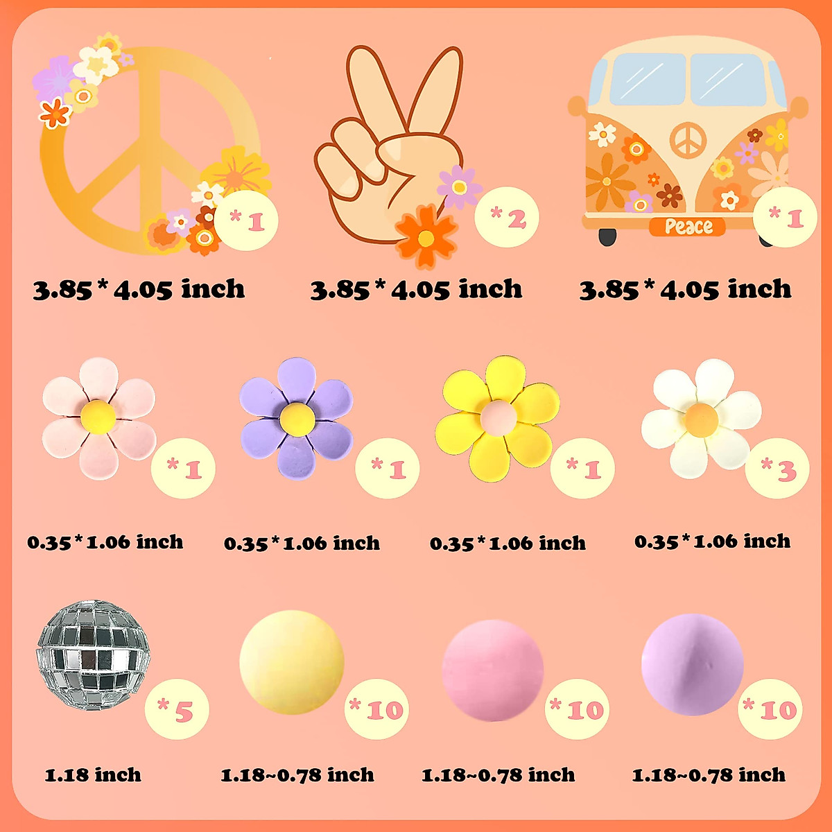 45 PCS Groovy Cake Toppers Boho Cake Topper Hippie Party Decorations with Flower Bus for Girl Birthday Party Boho Groovy Party Supplies (Style 1)